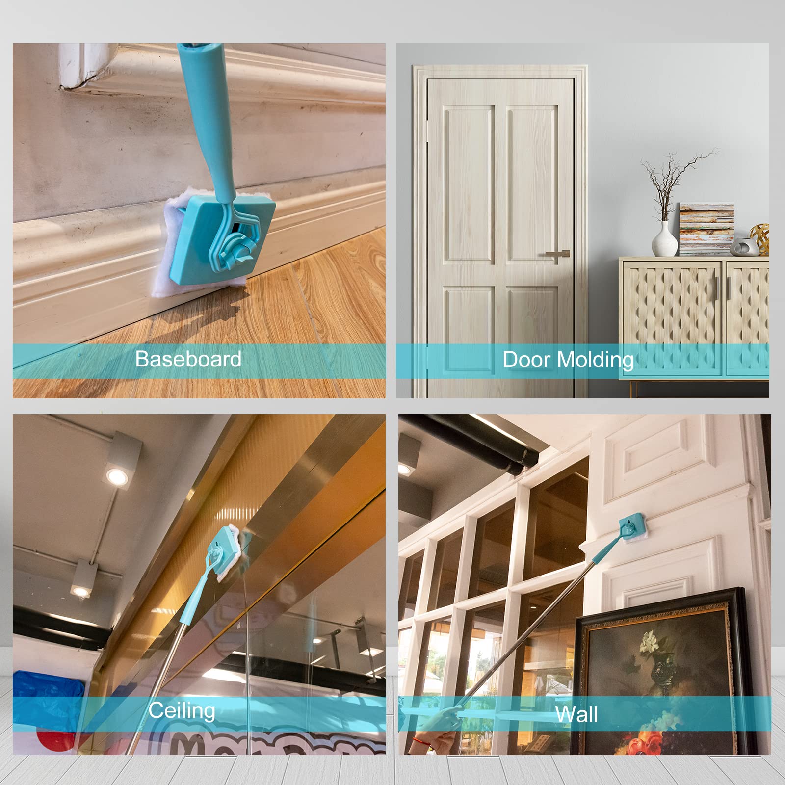 Baseboard Cleaner Tool with Handle, Molding Cleaning Tool, Baseboard Duster for Wall Cleaning with Extension Pole 51.5" and 2 Reusable Mop Cleaning Pads for Household, Wall, Kitchen Cleaning