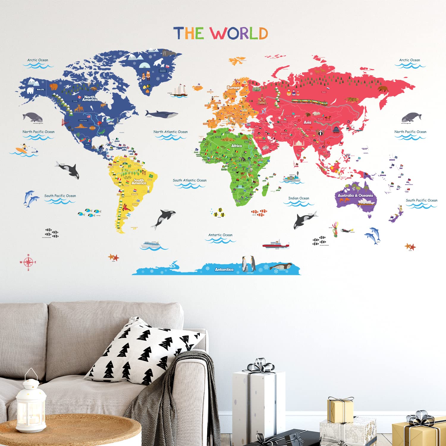 BASHOM BS-115 Large Animal Landmarks World Map Wall Decals Educational Stickers for Kids Nursery Bedroom Living Room Classroom Peel Stick Removable Poster mapa Mundi para pared Art