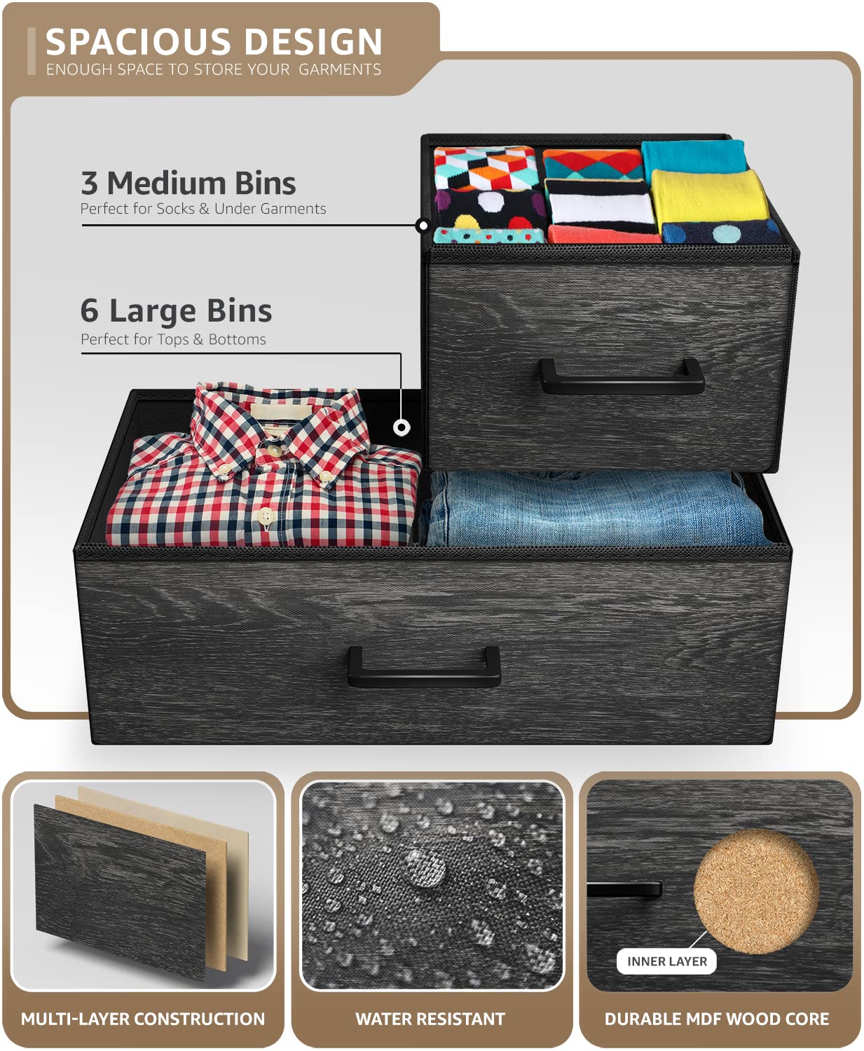 Sorbus Dresser with 9 Faux Wood Drawers - Storage Unit Organizer Chest for Clothes - Bedroom, Hallway, Living Room, Closet, & Dorm Furniture - Steel Frame, Wood Top, & Easy Pull Fabric Bins