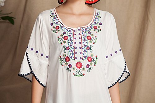 Ashir Aley Bell Sleeve Womens Girls Embroidered Cotton Peasant Tops Mexican Bohemian Shirts Blouses (L,Navy Blue)