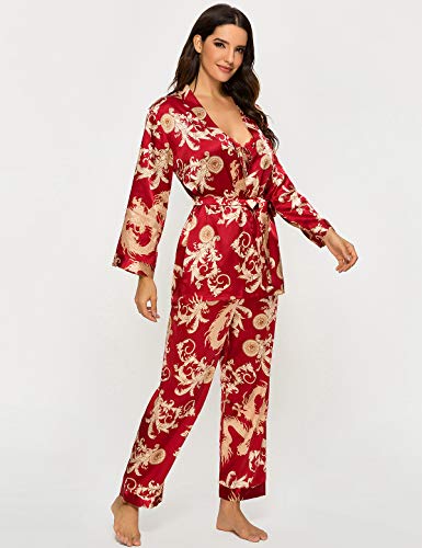 Escalier Women's Silk Satin Pajamas Set 3 Pcs Floral Silky Pj Sets Sleepwear Cami Nightwear with Robe and Pants Wine M
