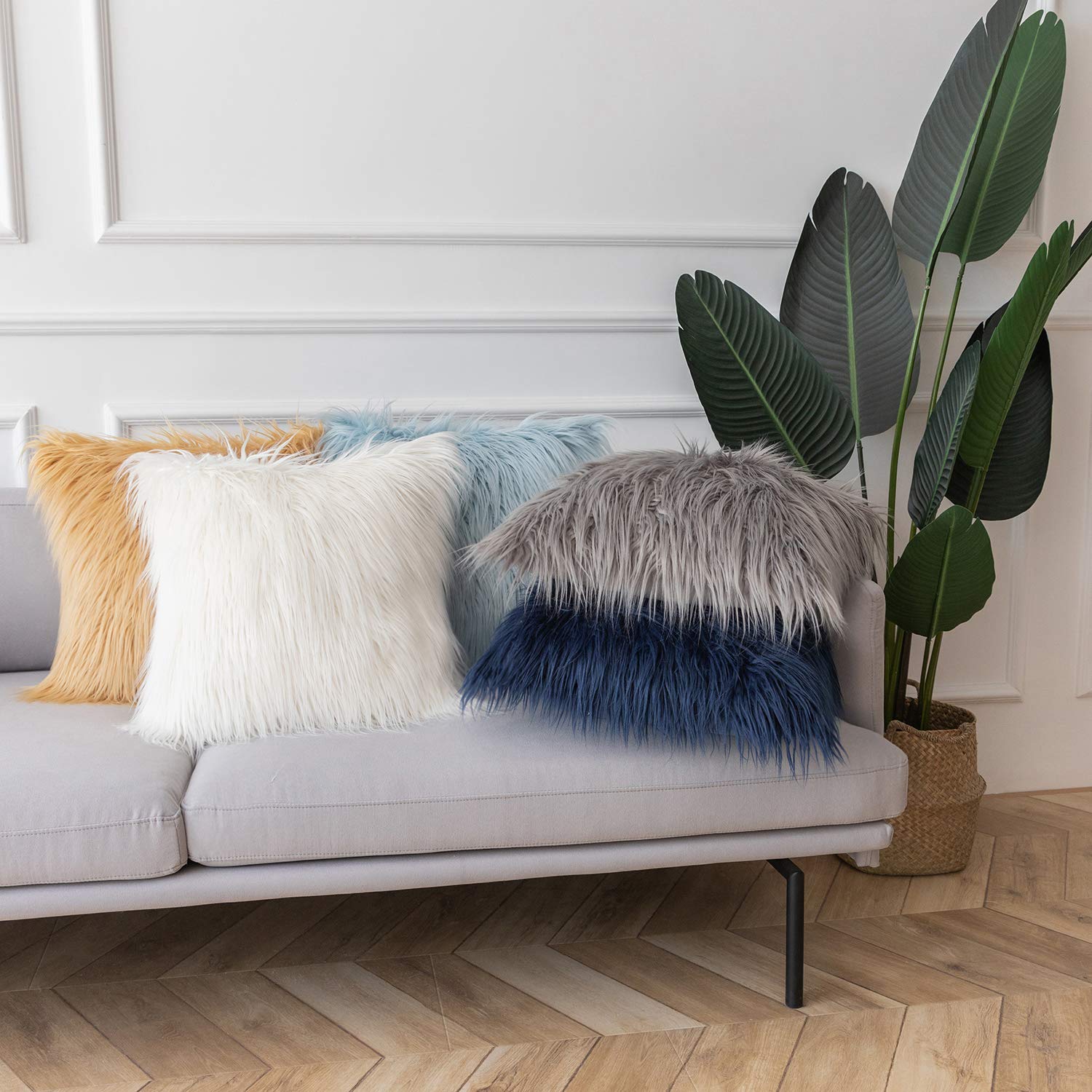 Ashler HOME DECO Pack of 2 Decorative Luxury Style Beige-White Faux Fur Throw Pillow Case Cushion Cover 18 x 18 Inches 45 x 45 cm
