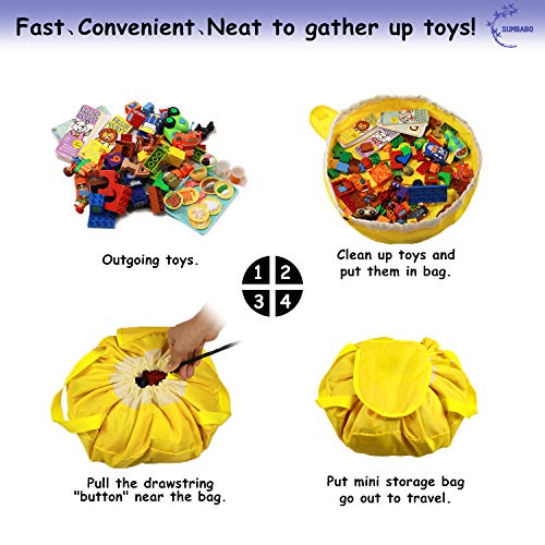 Toy Storage Mat Bag by Drawstring for Lego - Play Mat Bag Toy Storage Container for Kids with Cap can as Gift(2Pcs = Big Blue + Mini Yellow)