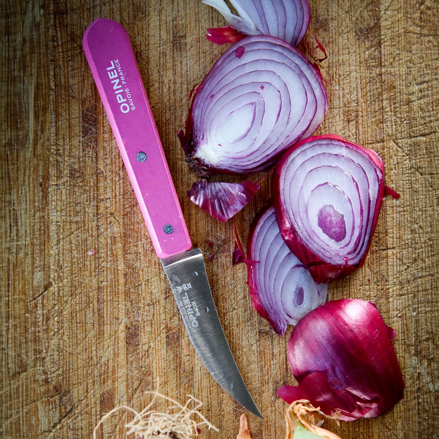 OPINEL Essential Single Kitchen Knife, Cooking Tool Bird's Beak Knife, Veggie Knife, Painted Hornbeam Wood Handles, Made in France (No. 114, Blue)