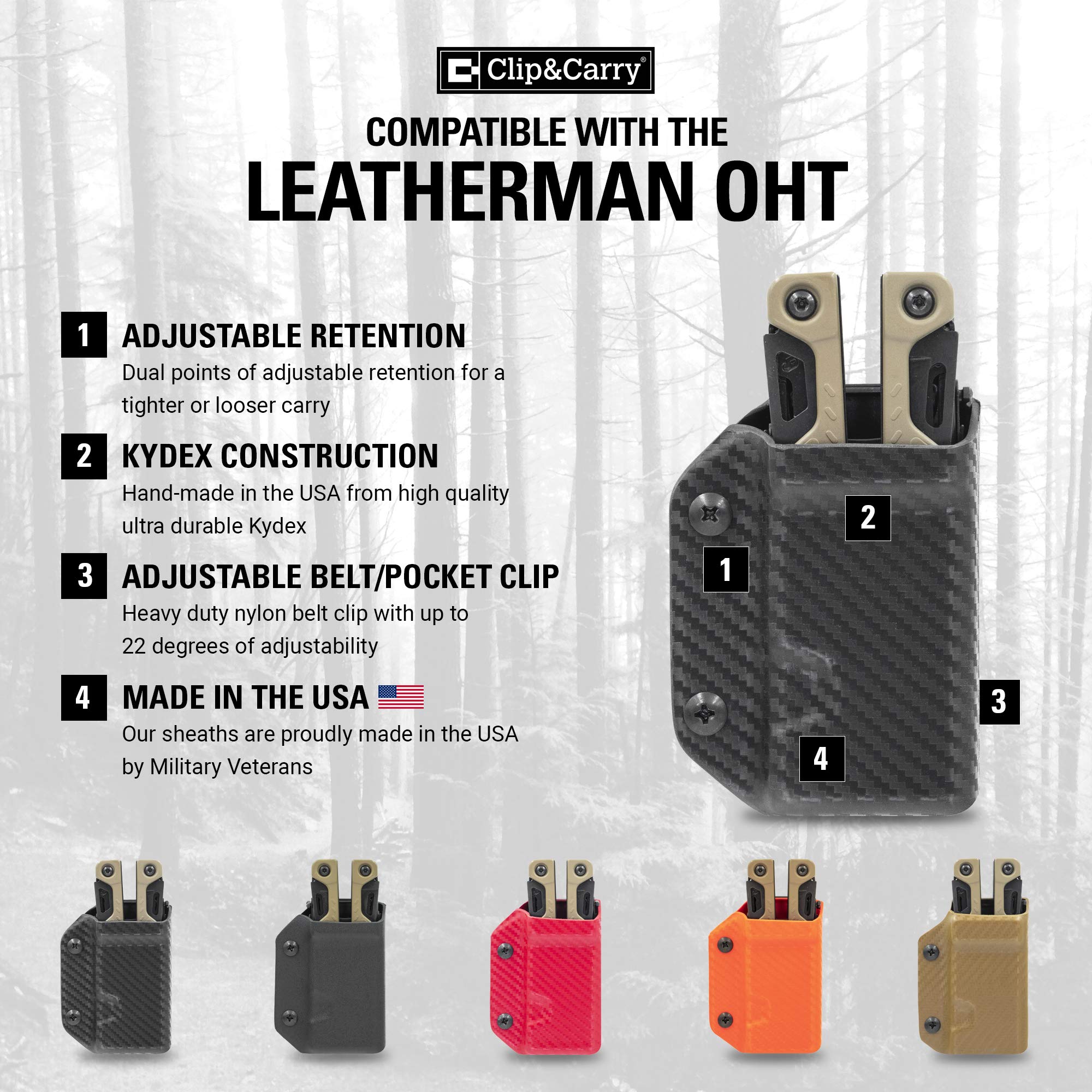 Clip & Carry Kydex Multitool Sheath for LEATHERMAN OHT - Made in USA (Multi-tool not included) EDC Multi Tool Sheath Holder Holster Cover (Carbon Fiber Black)