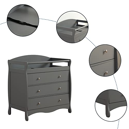 Karl home Changing Table Dresser Baby Diaper Changing Station Infant Nursing Table with 3 Drawers, Safety Rail & Strap for Bedroom, Nursery, Gray
