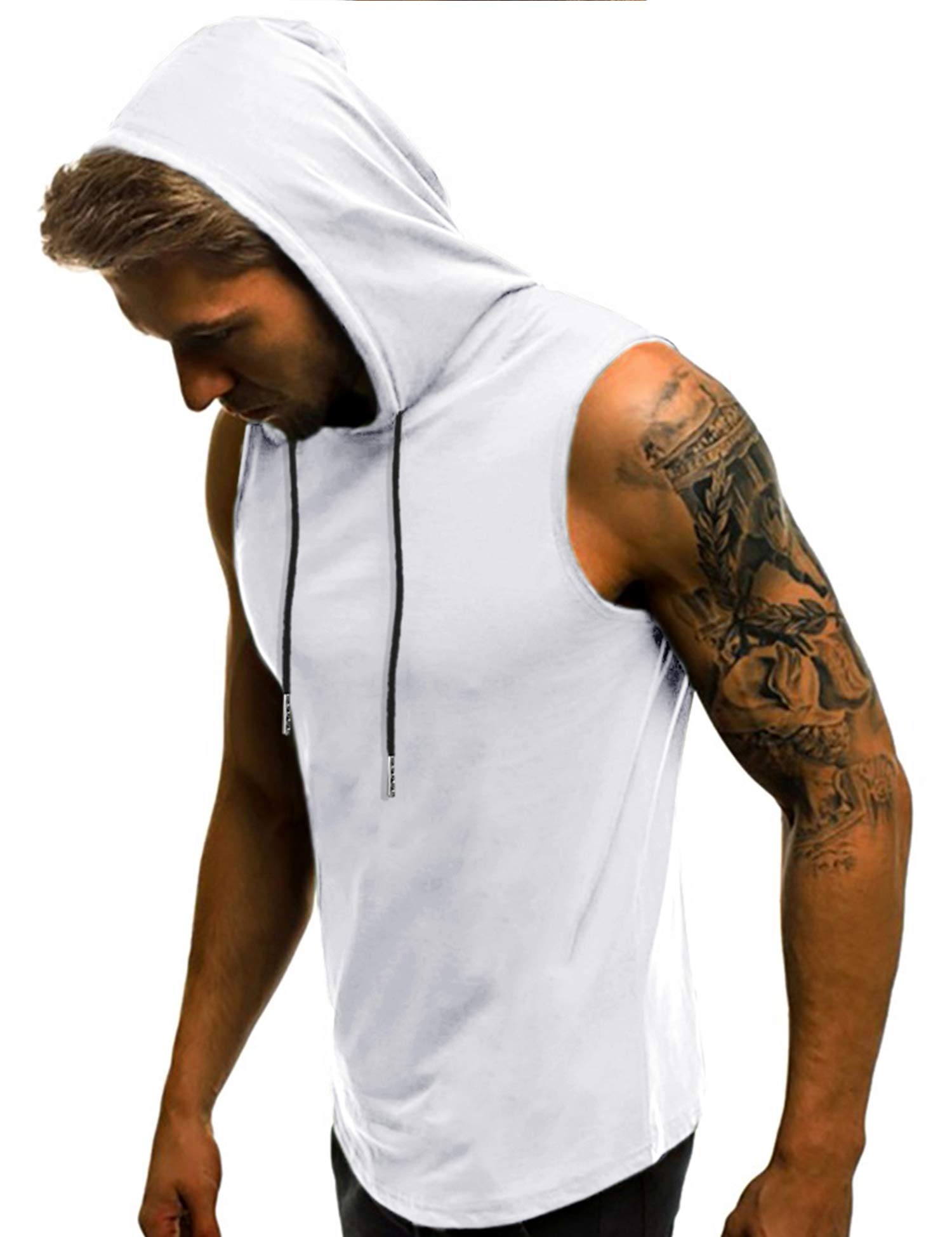 Babioboa Men's Sleeveless Hoodie Bodybuilding Stringers Workout Tank Tops Fitness Vest White