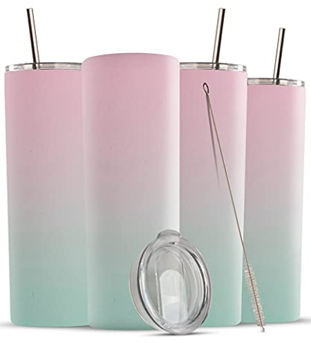 Insulated Skinny Stainless Steel Tumbler Set - 4-Pack 20oz Coffee Tumbler with Straw - Travel Coffee Mug With PBA Free Lids - Slim Vacuum Insulated Tumblers Keep Hot and Cold - Great for Home, Office.