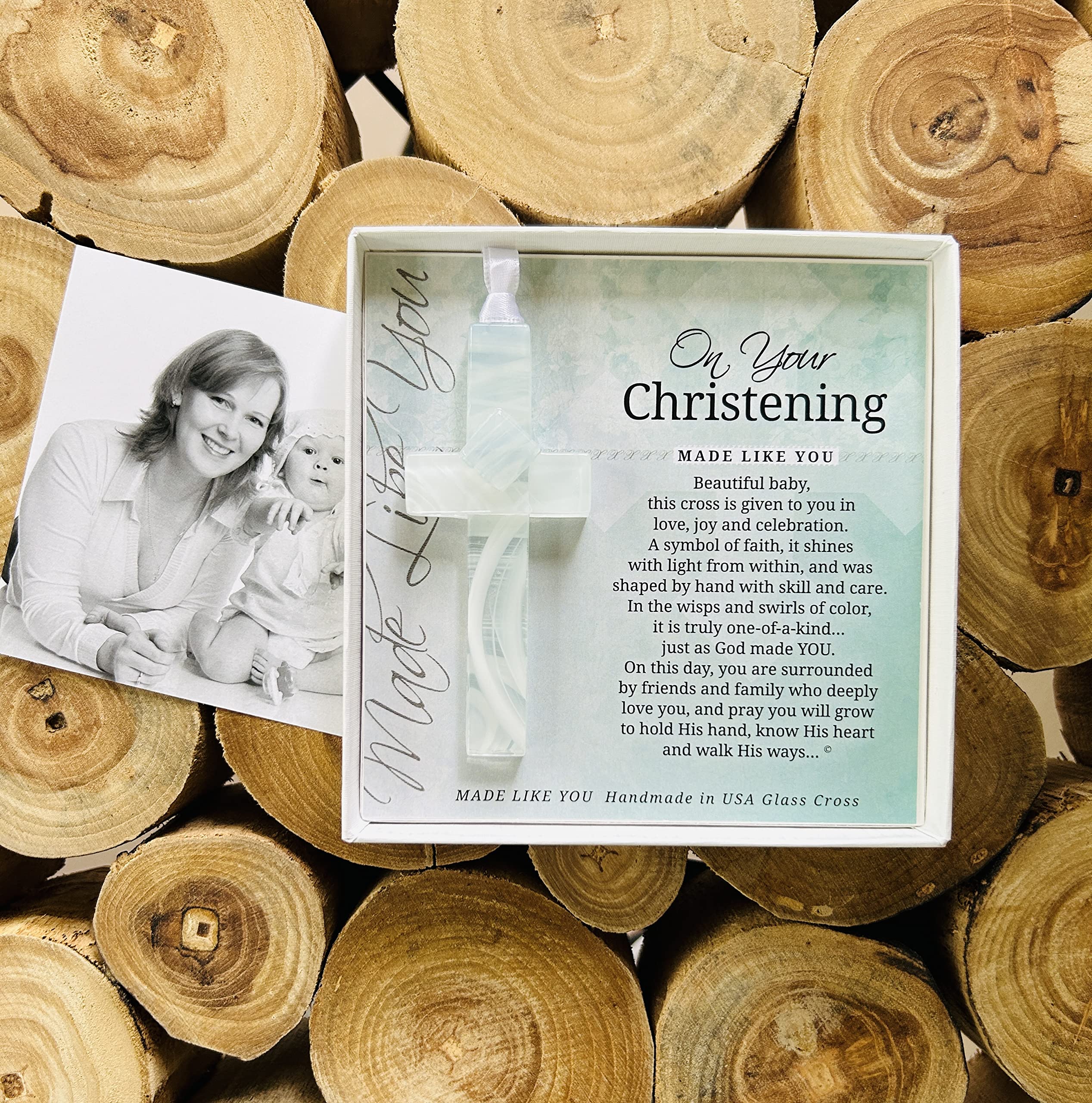 On Your Christening, Beautiful Baby Aqua/Clear Handmade Glass Cross Keepsake Gift