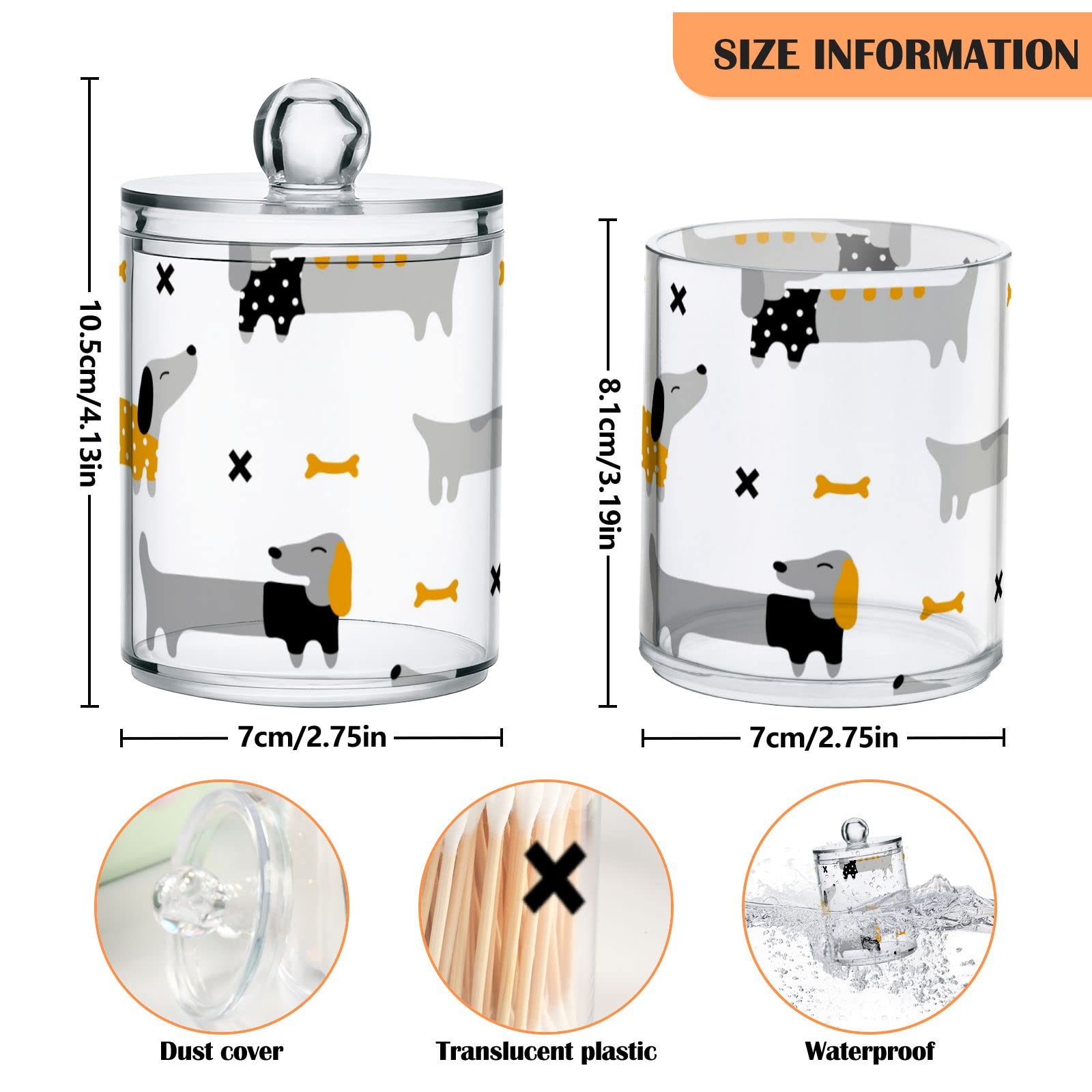WELLDAY Apothecary Jars Bathroom Storage Organizer with Lid - 14 oz Qtip Holder Storage Canister, Cute Dogs Dachshunds Clear Plastic Jar for Cotton Swab, Cotton Ball, Floss Picks, Makeup Sponges,Hair