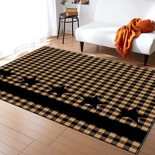 Retro Country Star Area Rug, Brown Black Buffalo Plaid Decorative Rug, Easy Clean Carpet with Anti-Slip Backing for Bedroom Living Room Dining Room Office 3ftx2ft