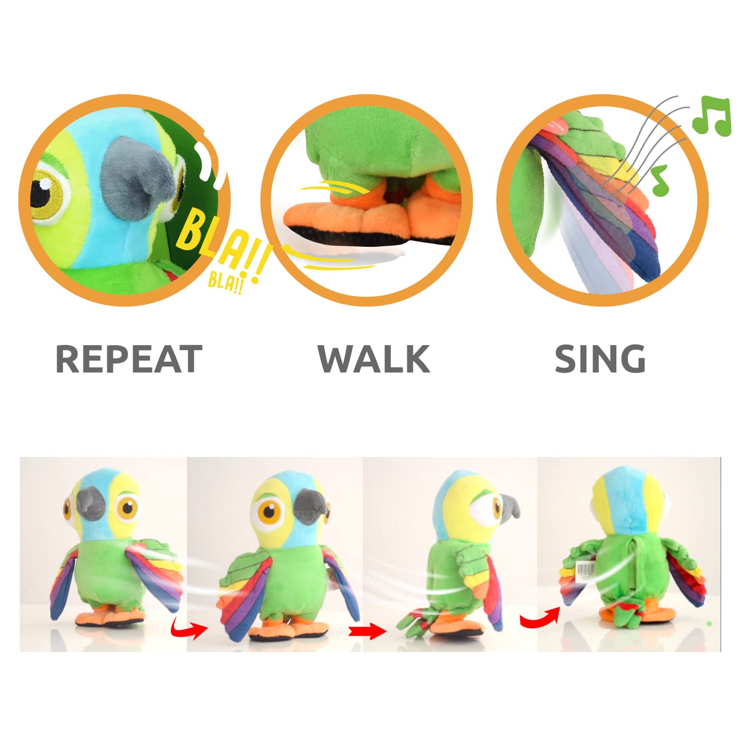 La Granja De Zenon - 20CM Interactive Parrot Pepe - Musical Plush - Repeat, Walk and Play Songs - El Reino Infantil