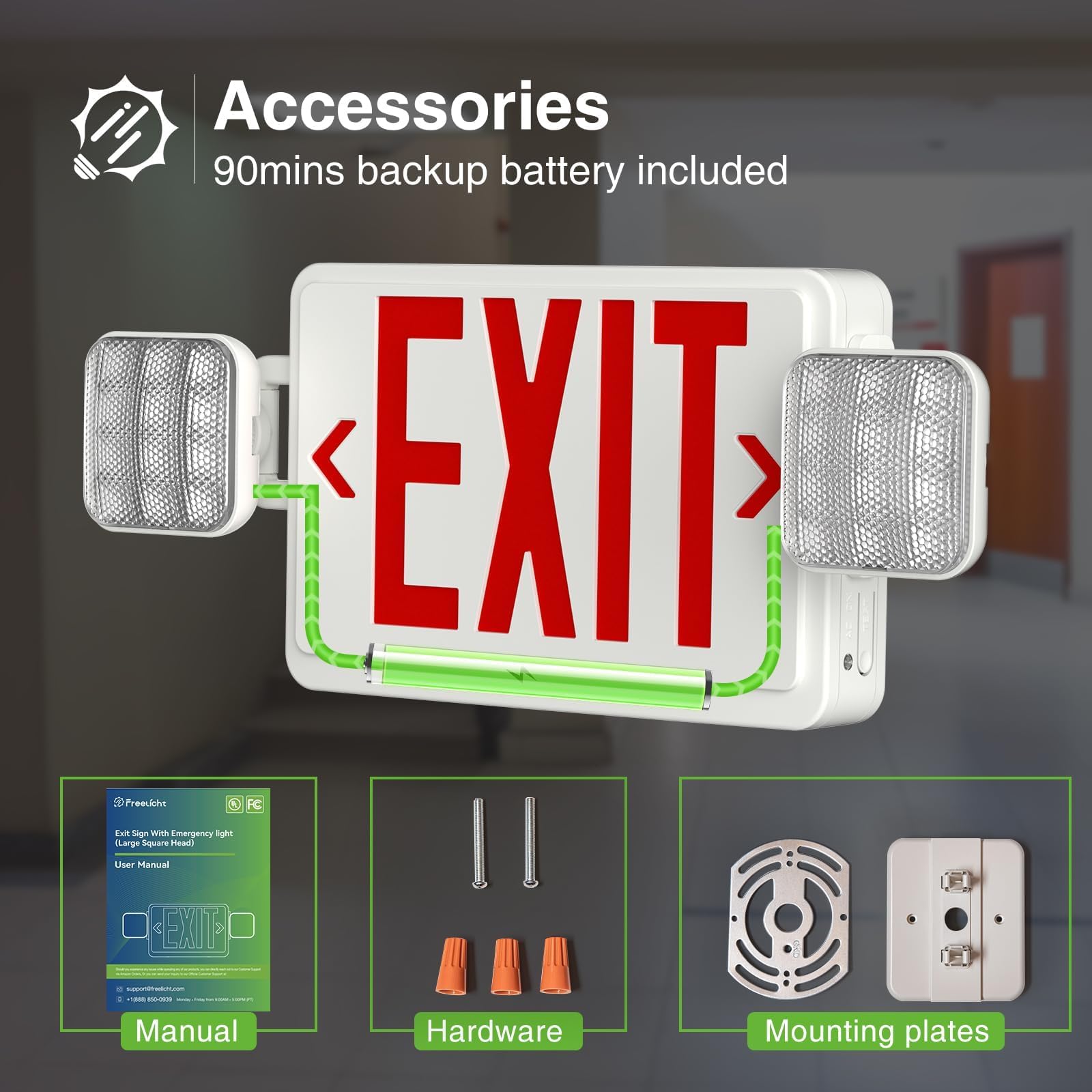 FREELICHT 2 Pack LED Exit Sign with Emergency Lights,Adjustable LED Emergency Exit Lights with Battery Backup,Exit Sign for Business,Easy To Install,UL Certified,AC 120/277V