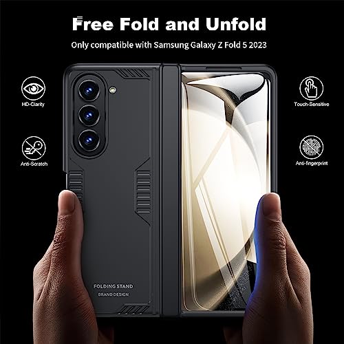 for Samsung Z-Fold-5 Case: [Hidden Kickstand][Wireless Charging] Slim Hinge Protection Lightweight Stand Case with Screen Protector- Protective Phone Cover for Samsung Galaxy Z Fold 5 5G 2023