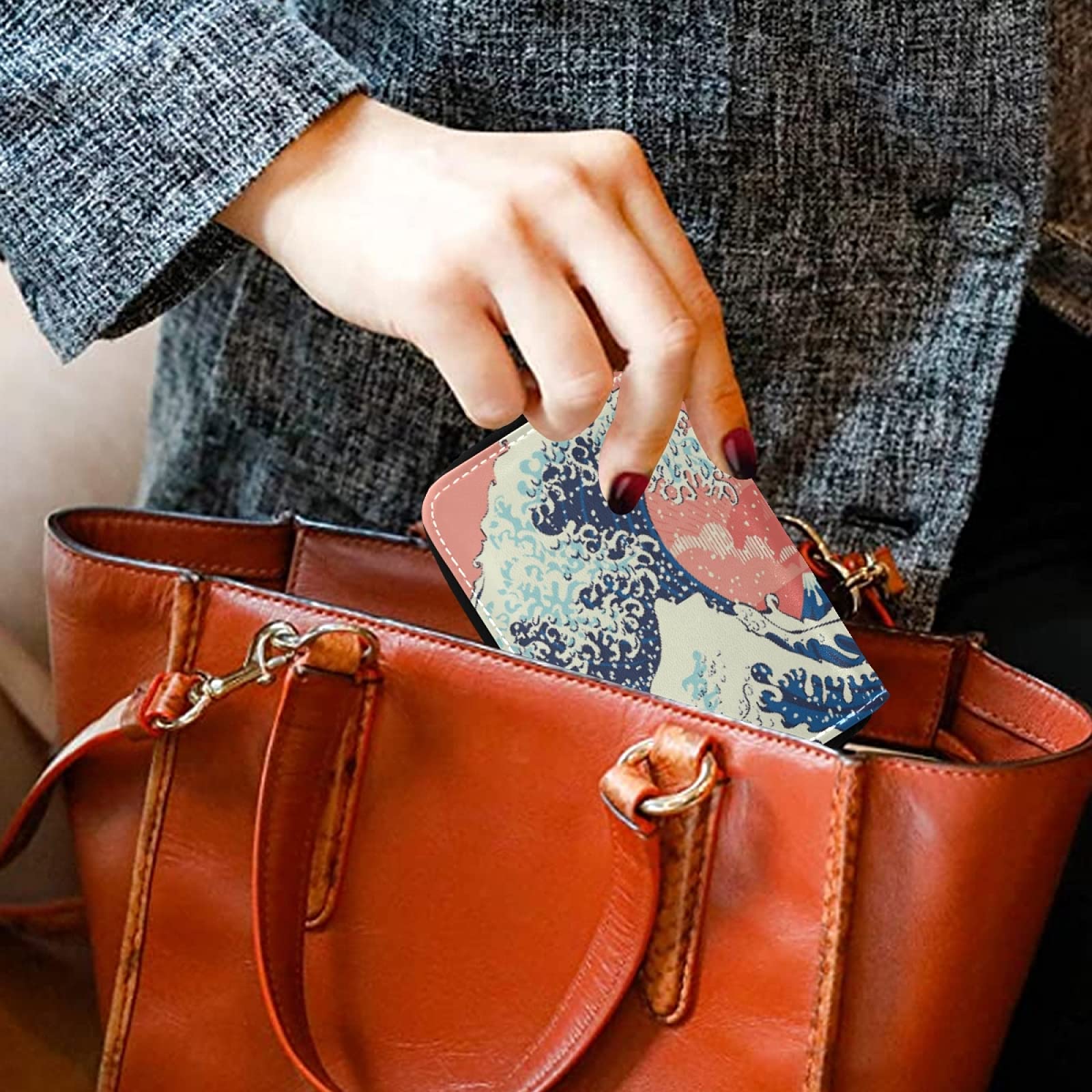 Japanese Great Waves Pink Background Credit Card Coin wallet, RFID Blocking Compact Women Leather Card Holder, Key Change Organizer, Zipper Purse Clutch Pouch Pocket