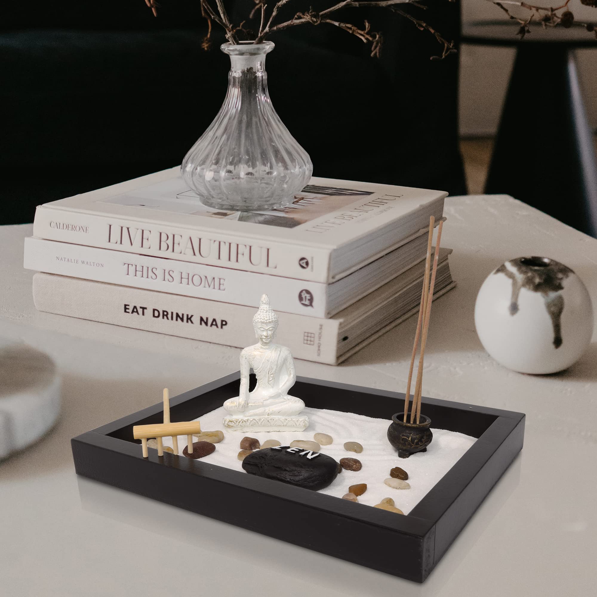 Japanese Mini Zen Garden Sand Box Kit with Incense Holder and White Miniature Buddha Statue - Zen Decor for Relaxation and Meditation - Home Decor, Office Accessory, Gift Set