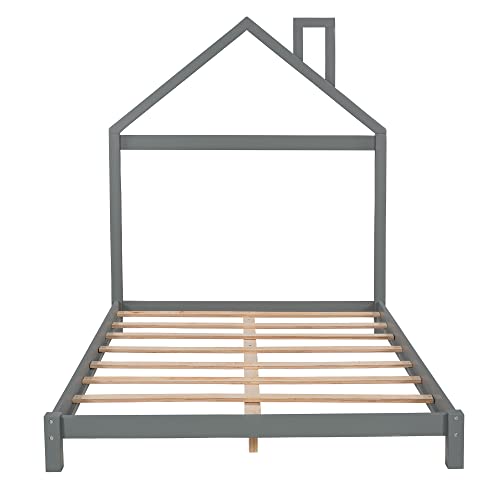 Harper & Bright Designs Full Size Kids Bed Frame with House-Shaped Headboard, Toddler Floor Bed with Solid Wood Slats,Full Platform Bed Frame for Girls Boys,No Box Spring Needed,Gray