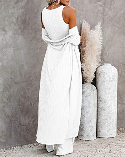 Fessceruna 3 piece Lounge Sets for Women Outfits Loungewear Long Kimono Cardigan Crop Tank Top Loose Pants A-white