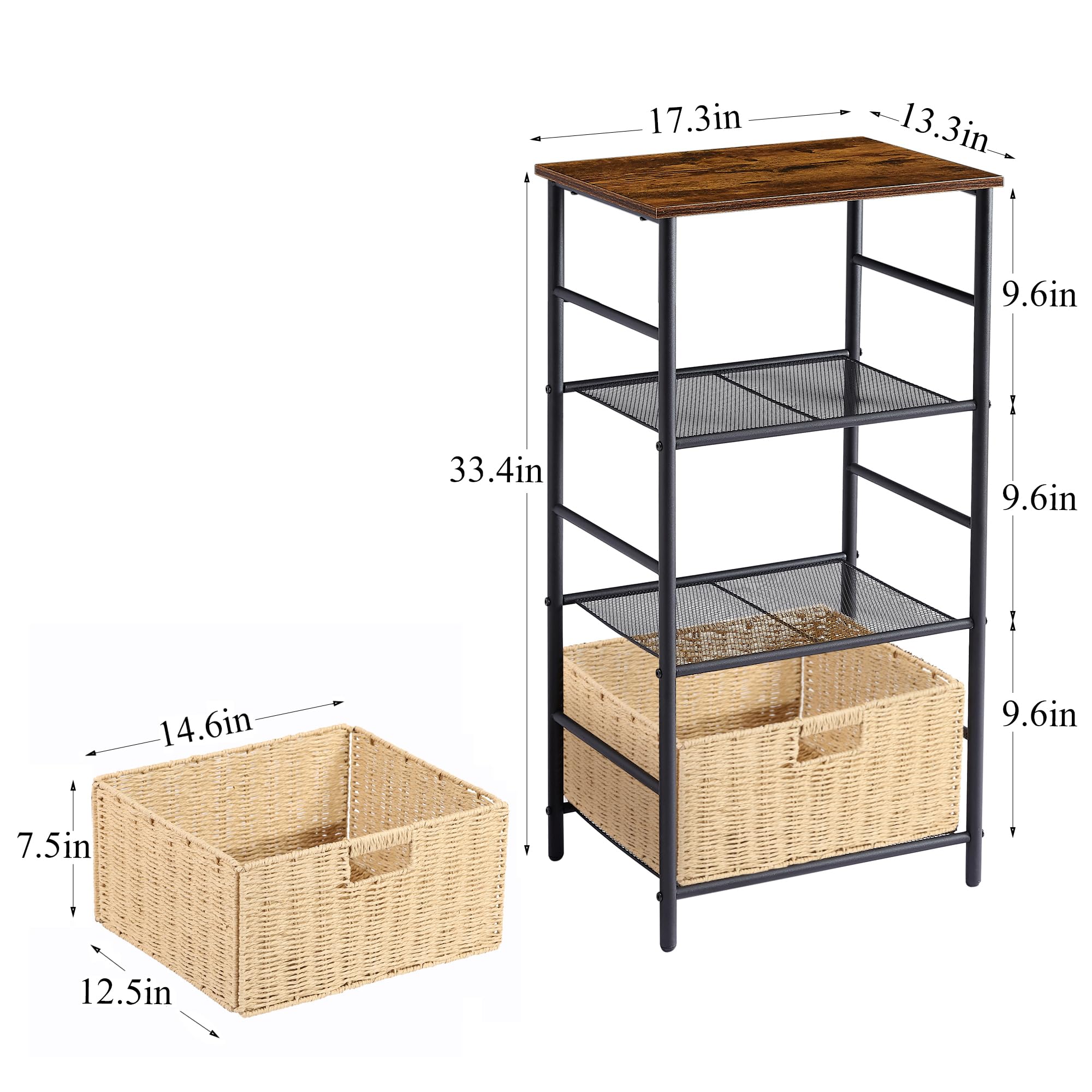 VECELO Tall Side Table, 3-Tier Telephone Stand with Storage Shelf and Baskets, High Nightstand for Small Space, Living Room, Bedroom, Office, Brown