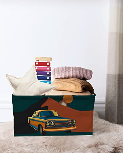 Storage Basket Boho Driving Car and Mountain Storage Bin with Handles,Abstract Geometry Arch Sun Collapsible Organizer Storage Cubes Bins for Closet,Laundry Clothes,Bathroom,Nursery Toys