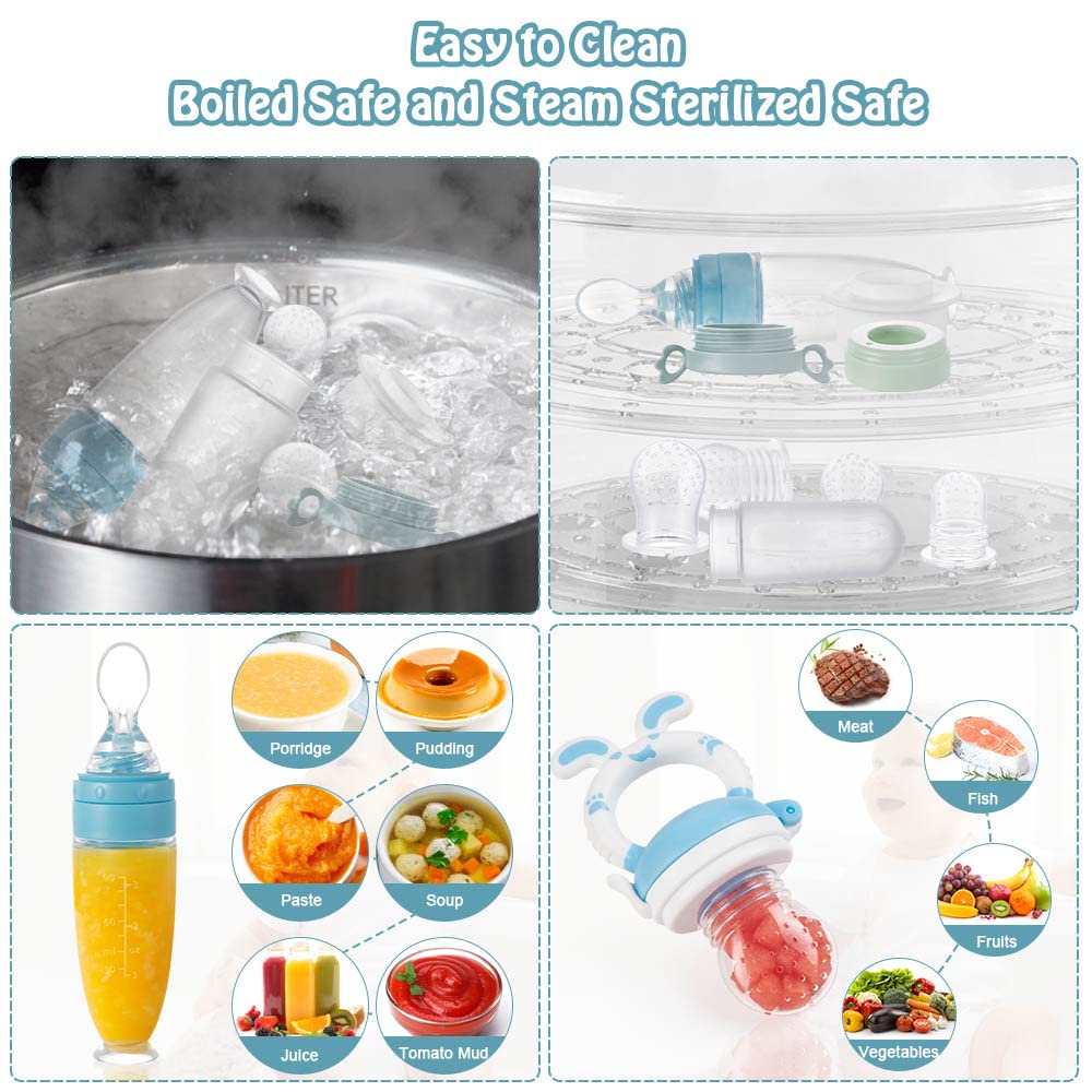 Baby Food Feeder - 2 Baby Fruit Pacifiers & 1 Soft Silicone Squeeze Spoon Bottle for Baby First to Second Feeding - Infant Food Dispensing and Feeding