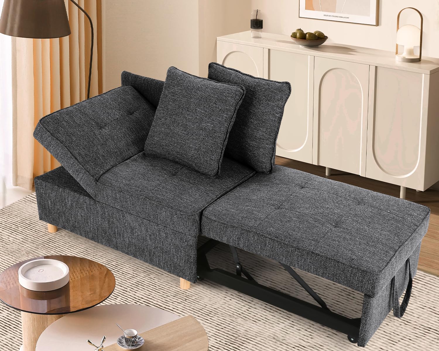 SEJOV Sofa Bed, 4-in-1 Convertible Sleeper Sofa, Pull Out Couch with 3 Seater, Sofa Chair with 5 Adjustable Backrests, 71โโ Linen Couch with 2 Pillow, Loveseat for Living Room, Yellow