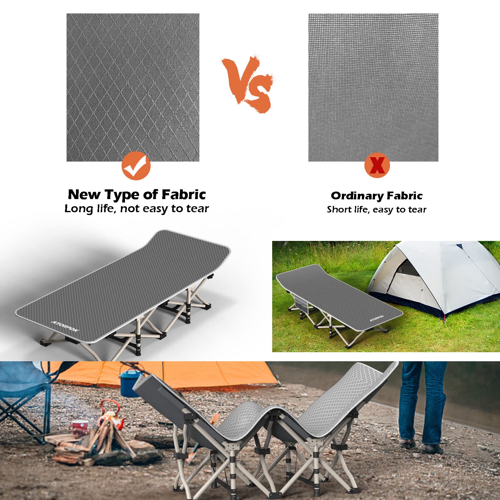 ATORPOK Camping Cot for Adults with Cushion, Sleeping Cots Comfortable Folding Bed 450lbs, Portable Tent Cots with Carry Bag for Camp Office Beach Use, Grey