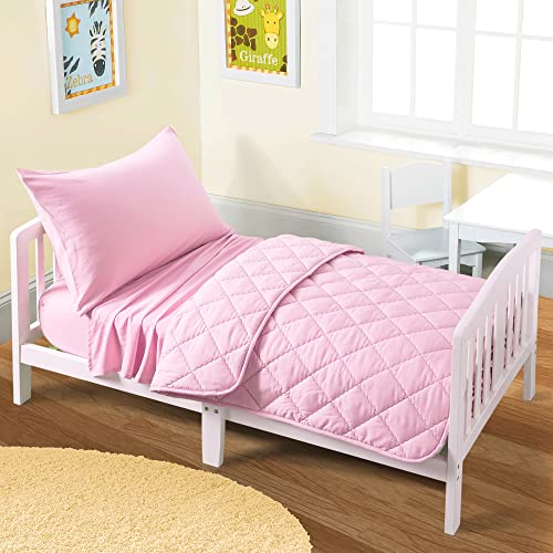 FLXXIE 4 Pieces Microfiber Toddler Bedding Set, Super Soft and Breathable Crib Sheet Set, Includes Quilted Comforter, Flat Top Sheet, Fitted Sheet, Envelope Pillow Case for Boys and Girls, Pink