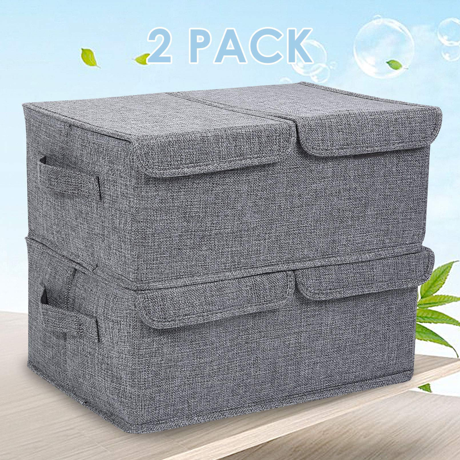 Holulo 2 Pack Fabric Storage Boxes with Removable Divider ,Collapsible Cotton Linen Storage Bins Organizer Containers Baskets Cube with Lids and Handles for Clothes Books Toys Closet Shelves Organiser, Grey