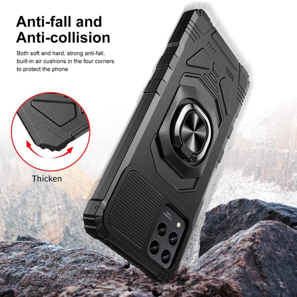 Galaxy Wireless for T-Mobile REVVL 6 Pro 5G Case w/Tempered Glass Screen Protector [Military Grade] Ring Car Mount Kickstand Shockproof Hard Phone Case - Black