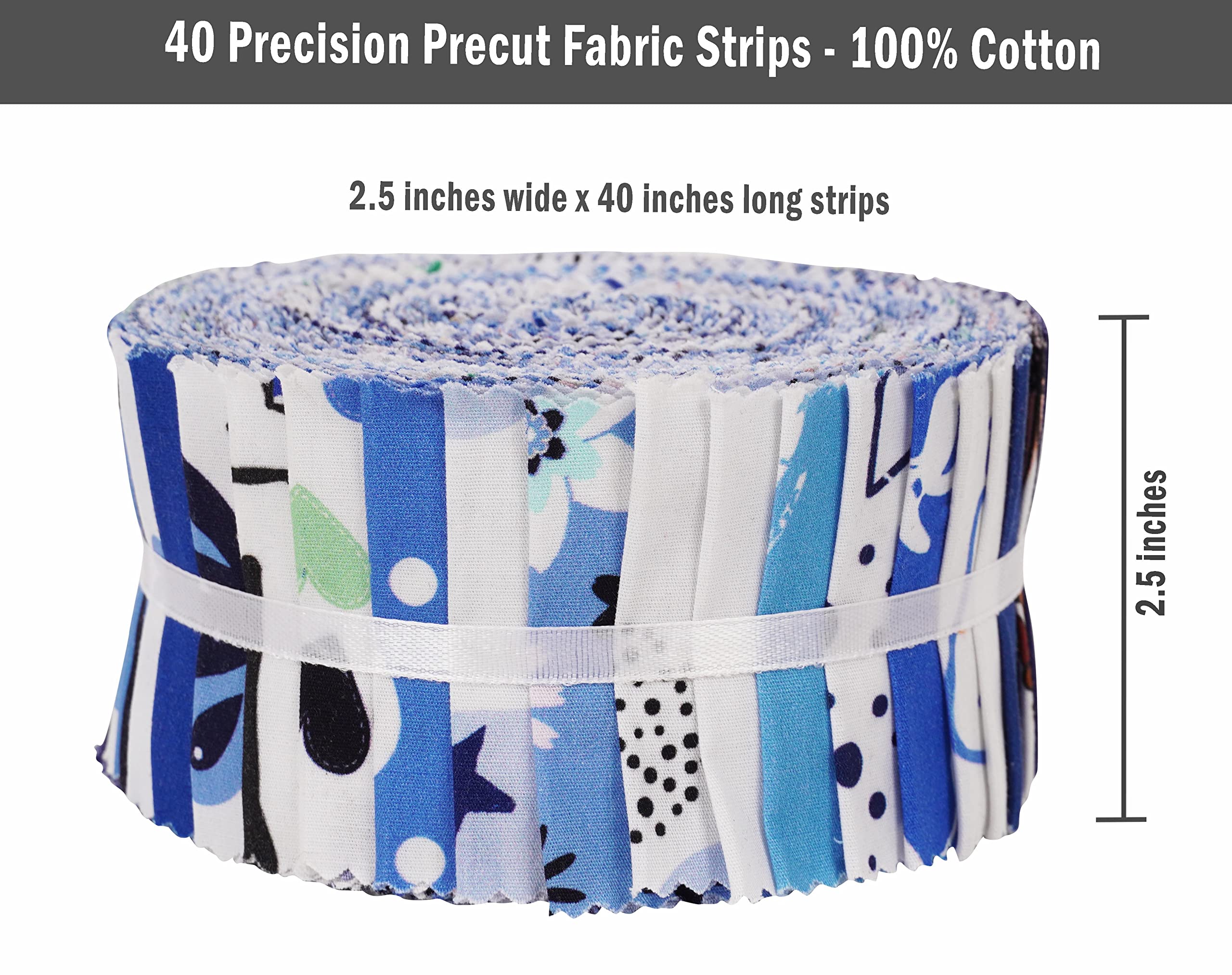 Soimoi 40Pcs Baby Boy Print Cotton Precut Fabrics for Quilting Craft Strips 2.5x42inches Jelly Roll - Medium Blue