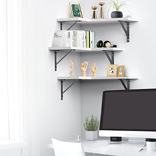 LIVOWALNY Corner Shelf Floating Shelves Corner Wall Mounted Set of 3, Rustic Wood Wall Shelves for Bedroom, Living Room, Bathroom, Kitchen, Office, White Finish