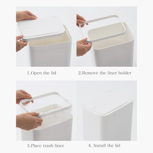 Bathroom Trash Can, Modern Slim Shape Pop-up Plastic Invisible Liner Garbage Bin for Kitchen, Bedroom, Living Room with Lid, Minimal Indoor Waste Basket with Liner Holder, 2.2 Gallon/ 8.5 Liter, White