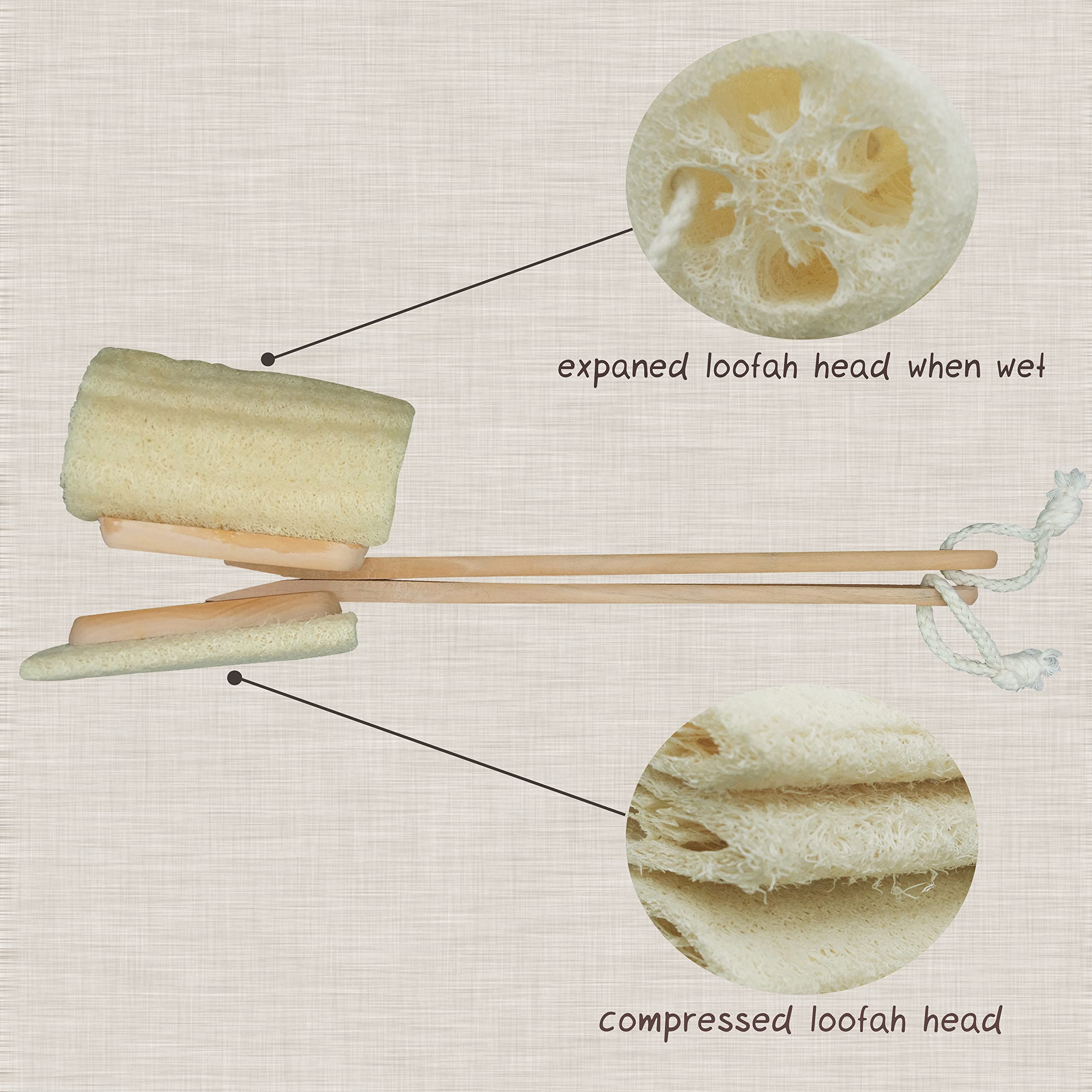 Natural Exfoliating Loofah Luffa Loofa Back Sponge Scrubber Brush with Long Wooden Handle Stick Holder Body Shower Bath Spa Pack of 2