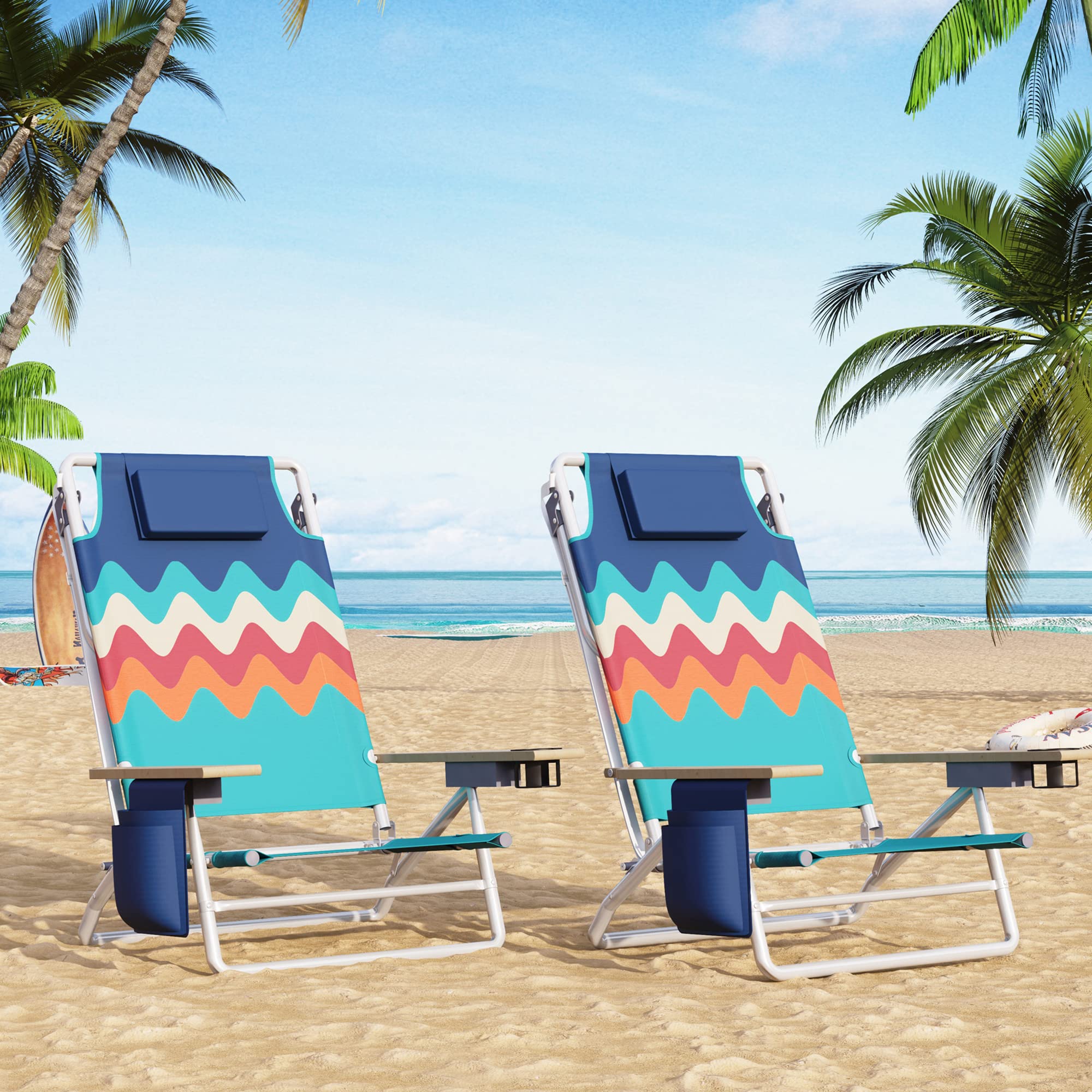 ALPHA CAMP Beach Chair With Cooler Bag Oversized Heavy Duty Steel Frame Support 250 LBS Collapsible Padded Camping Folding Chair with Cup Holder Quad Lumbar Back Chair Portable for Outdoor/Indoor,Wave