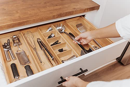 KitchenEdge Adjustable Kitchen Drawer Organizer for Utensils and Junk, Expandable to 28 Inches Wide, 9 Compartments, 100% Bamboo