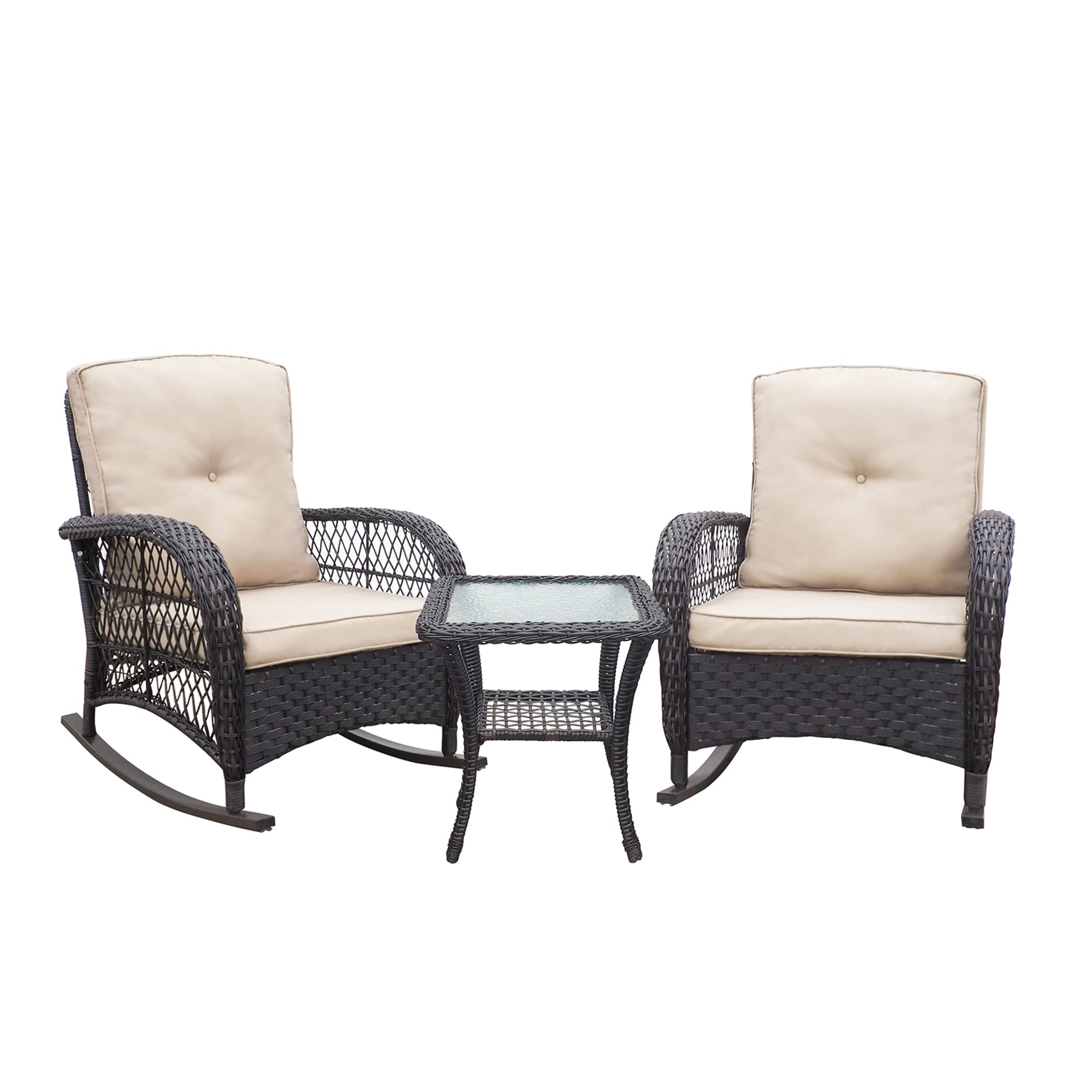 Flymatic 3 Pieces Outdoor Wicker Rocking Chair Set, Rattan Patio Rocker Chairs Set with Cushions and Glass-Top Coffee Table