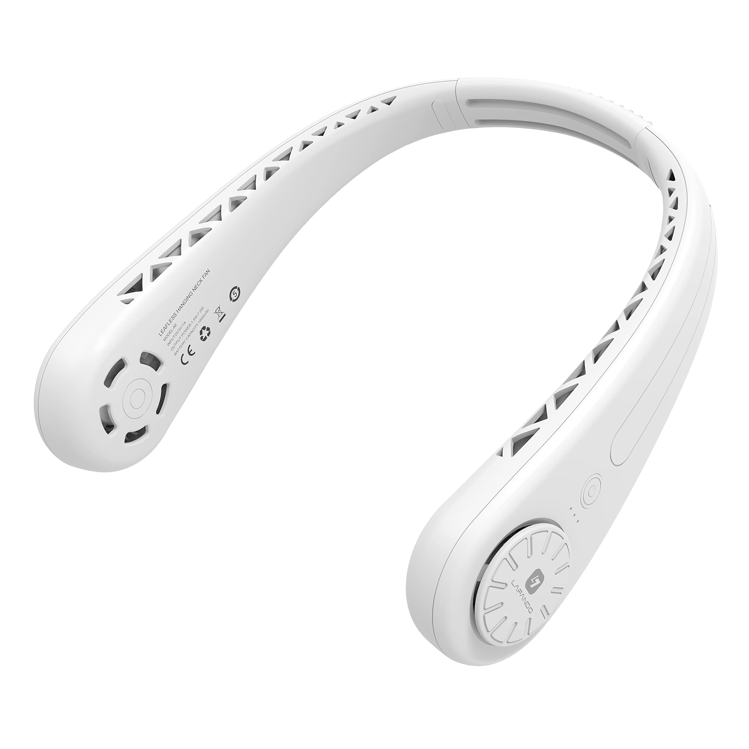 LAFANDO Portable Neck Fan, White Wearable Personal Fan, Hands Free Bladeless Fan, Hanging Fan, Headphone Design Traveling Cooling Fan, Quiet neck cooler, Leafless, USB Rechargeable, 3 Speeds