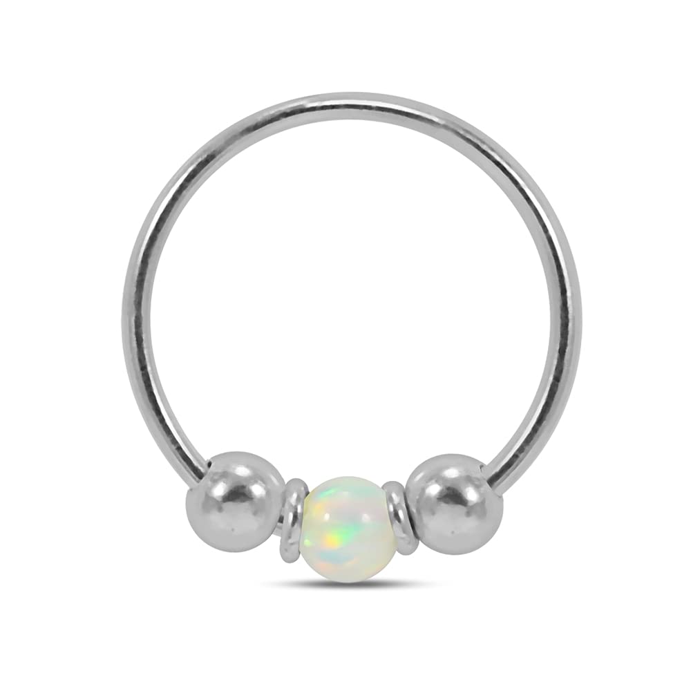 AtoZ Piercing Aurora Borealis Opal Stone Center and Silver Bead Ring 22 Gauge (0.6MM) - 8mm Diameter 925 Sterling Silver Open Hoop Nose Ring Jewelry
