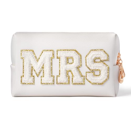 Belanttega Bride Patch MRS Cosmetic Bag PU Leather White Letter Portable Waterproof Purse Organizer Travel Toiletry Bag Engaged Makeup Bag Gift for Women Girls, Gold