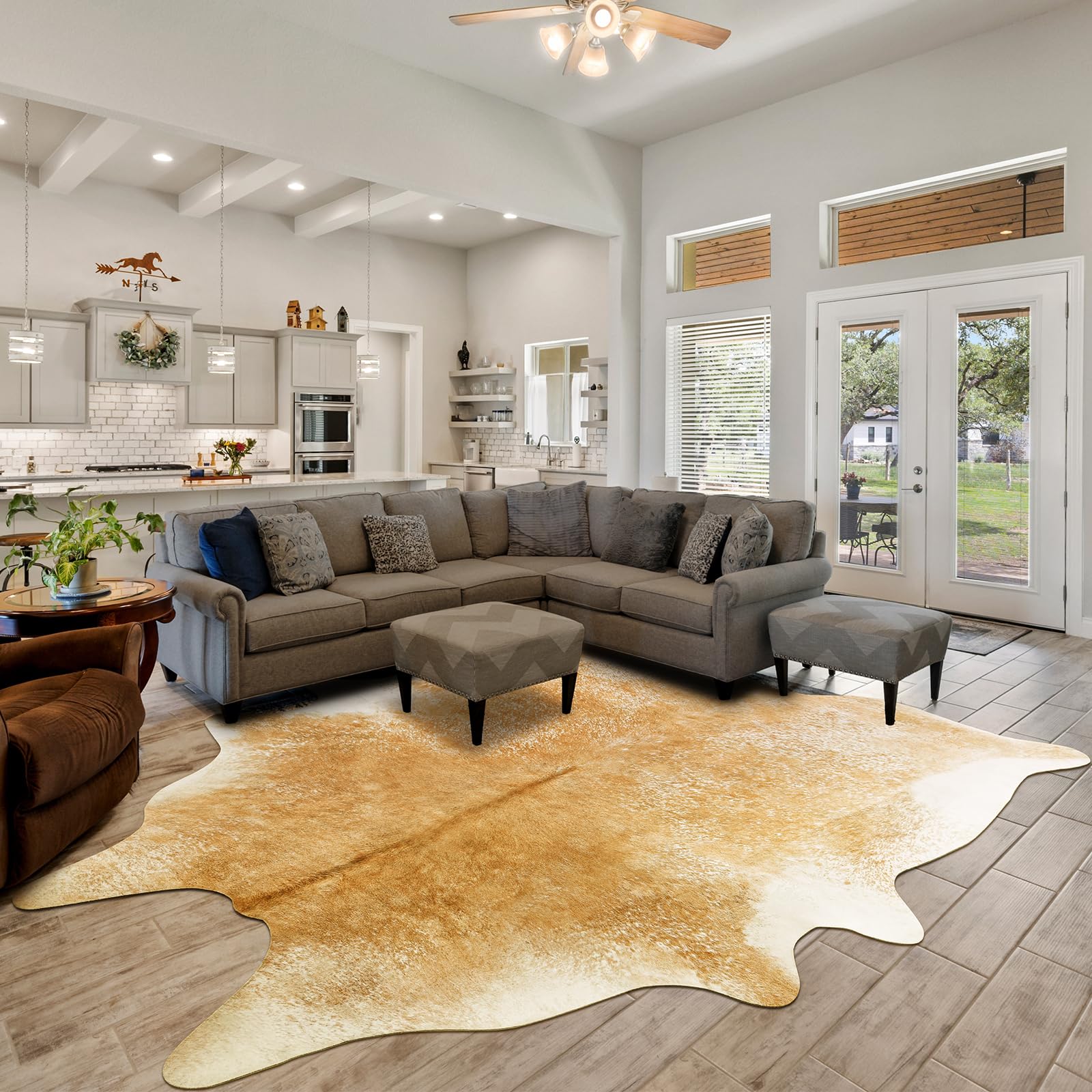Rtizon Faux Cowhide Rug for Living Room, 6.2 x 7 Feet Khaki, Cow Print Skins Rug for Bedroom,Premium Faux Fur Animal Cow Hide Rugs Carpet for Western Decor