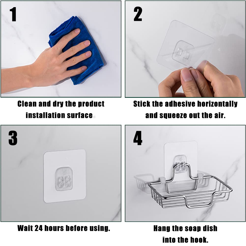 Rainspire Soap Dish Holder, No Drilling, 304 Rustproof Stainless Steel, Wall Mounted Soap Holder Soap Tray Bar Soap Sponge Holder for Bathroom & Kitchen, Square, Silver