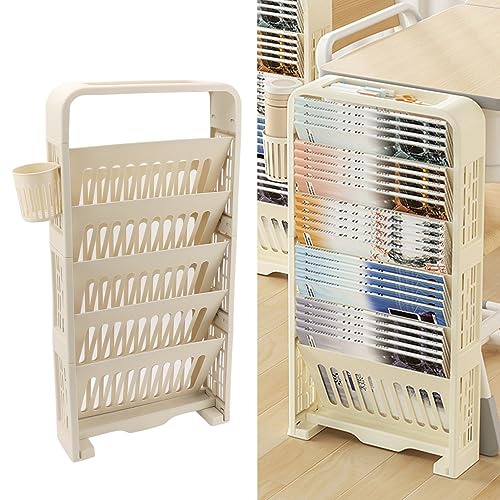 Fabater Movable Bookshelf Cart, 5 Tier Rolling Utility Cart, Mobile Book Cart with Pen Holder, Removable Storage Book Shelves, File Organizer for Home, Office, Kitchen, Classroom (Cream)