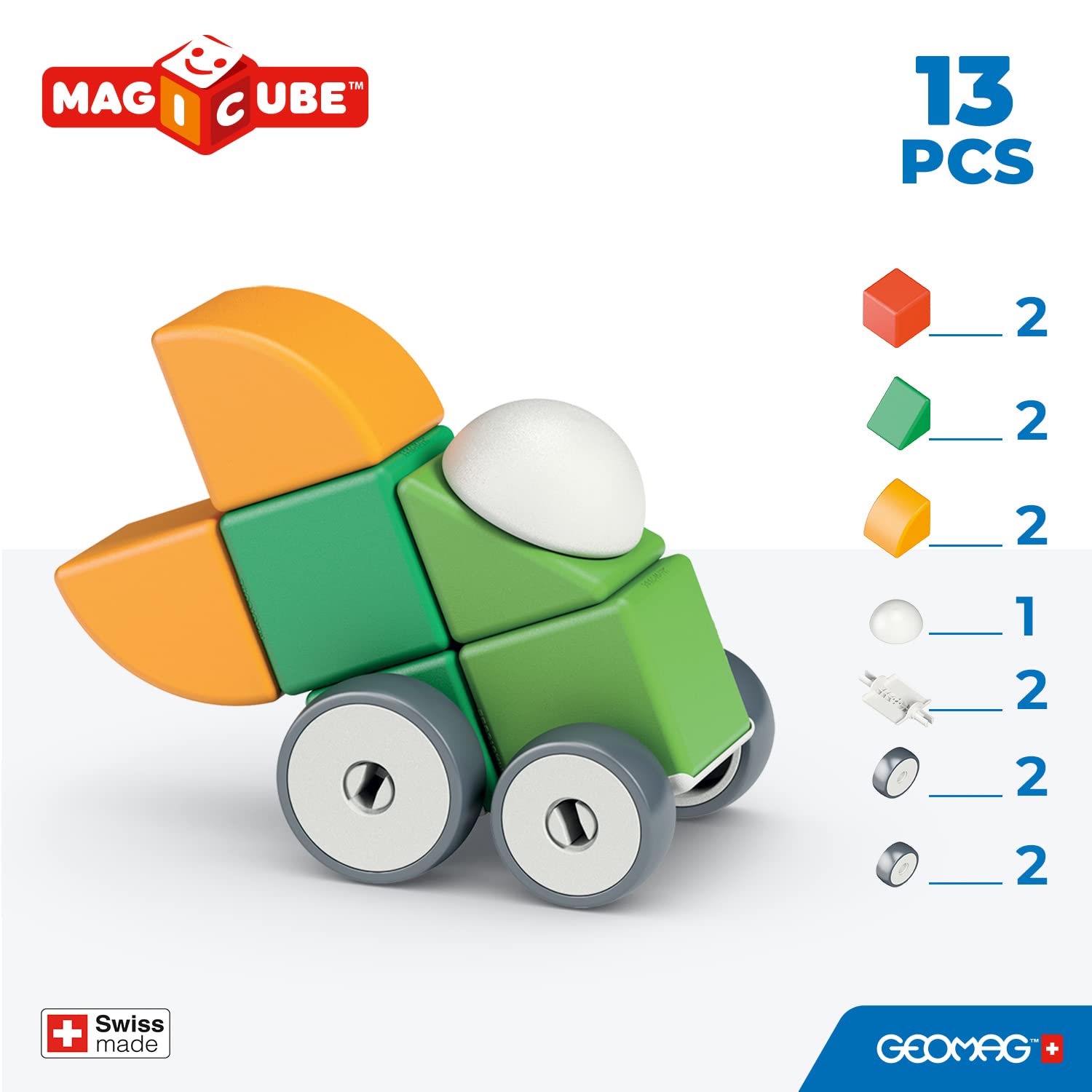 Geomag Swiss-Made MagiCube 13-Piece Magnetic Shapes & Wheels Building Set, Cars & Characters, Stacking Blocks for Toddlers & Kids Ages 1-5, STEM Educational Toy, Creativity, Imagination, Learning