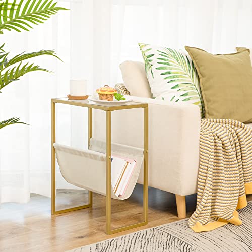 HOOBRO Narrow Side Table, Tempered Glass End Table with Fabric Magazine Sling, Small Coffee Accent Table, Bedside Table for Small Space, Bedroom, Living Room, Modern Style, Gold GD66BZ01
