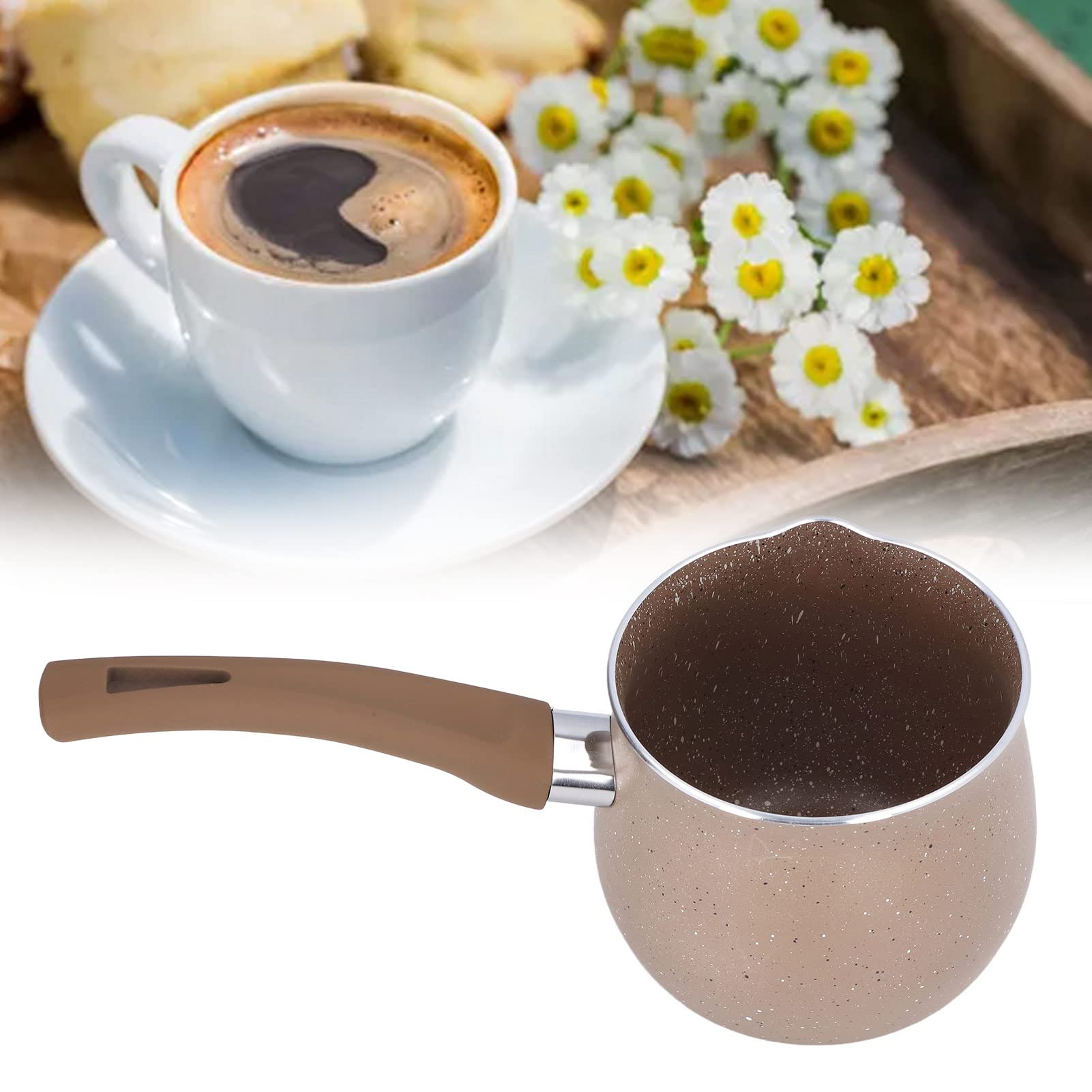 Lightweight Nonstick Milk Pan, 10cm Mini Milk Coffee Pot Sauce Pan for Coffee Butter Chocolate Heating, Tea Sets Teapots and Coffee Servers(Brown)
