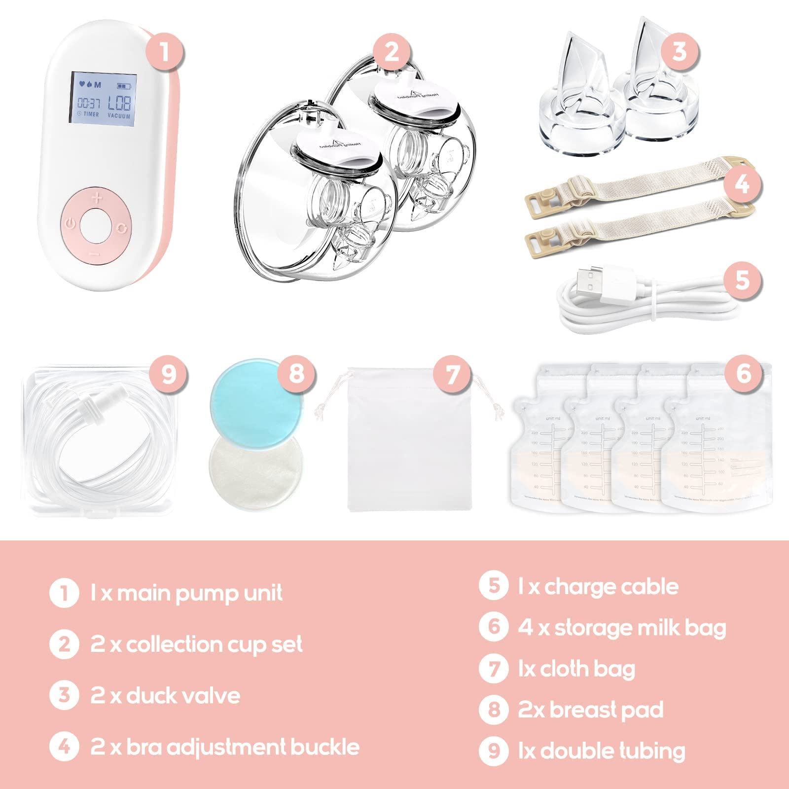 Double Breast Pump Electric Breast Pump Wearable Breastfeeding Pump Strong Suction Hands Free Pumping Portable Breast Pump 2 Mode 9 Levels, Anti-Reflux Dual Milk Extractor with Massage, 24mm Flange