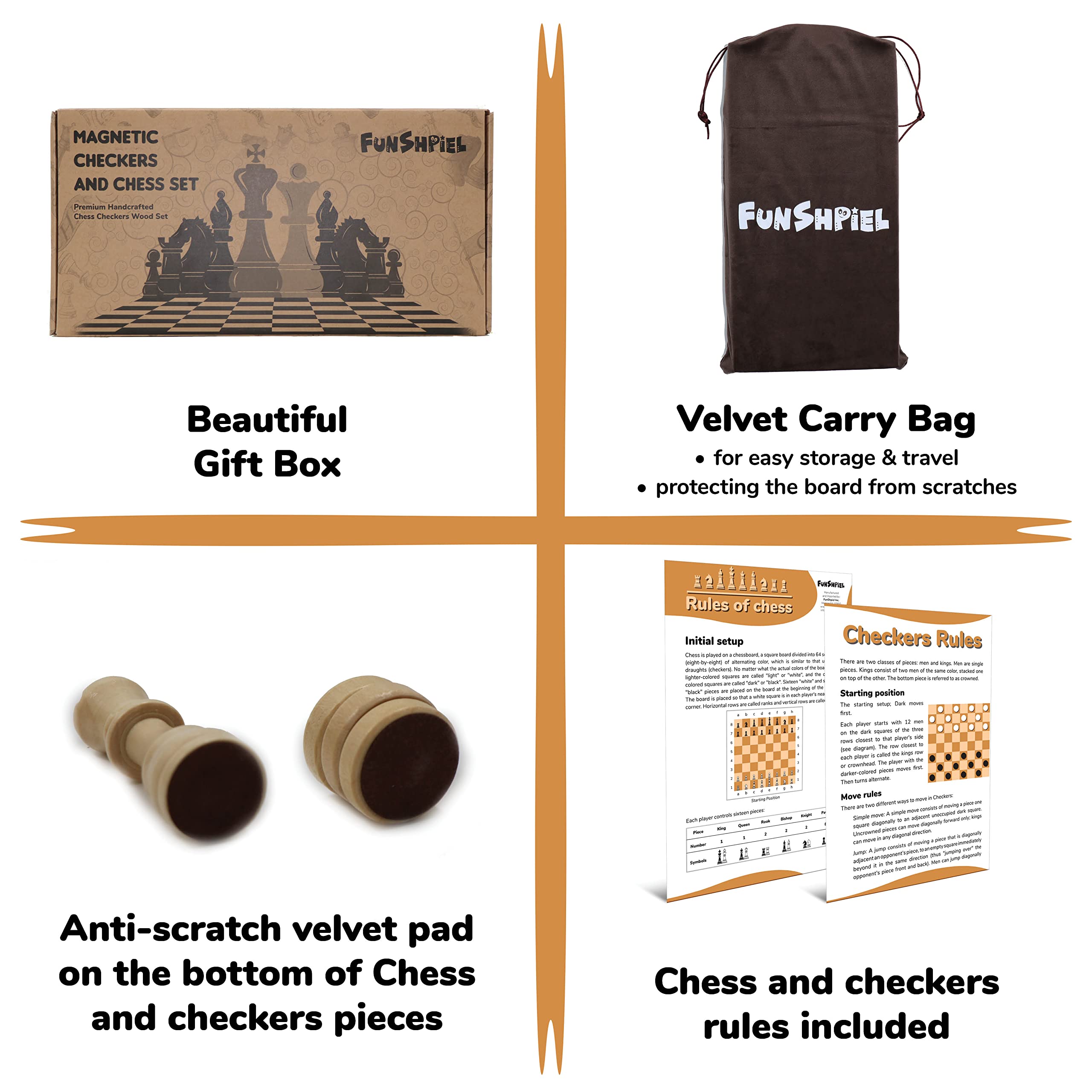 Funshpiel Magnetic Wood Checkers and Chess Set – Premium Handcrafted Chess Board Set with 2 Extra Queens, Chess and Checkers Set for Kids and Adults, Compact and Foldable Design, 15-inch Board Games