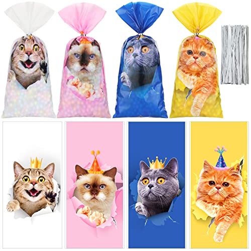 Hotop 100 PCS Cat Cellophane Bags Gift Treat Goodie Candy Party Favor Bag with 150 Ties Kitty Themed Birthday Decorations Supplies for Kids Home Classroom Baby Shower