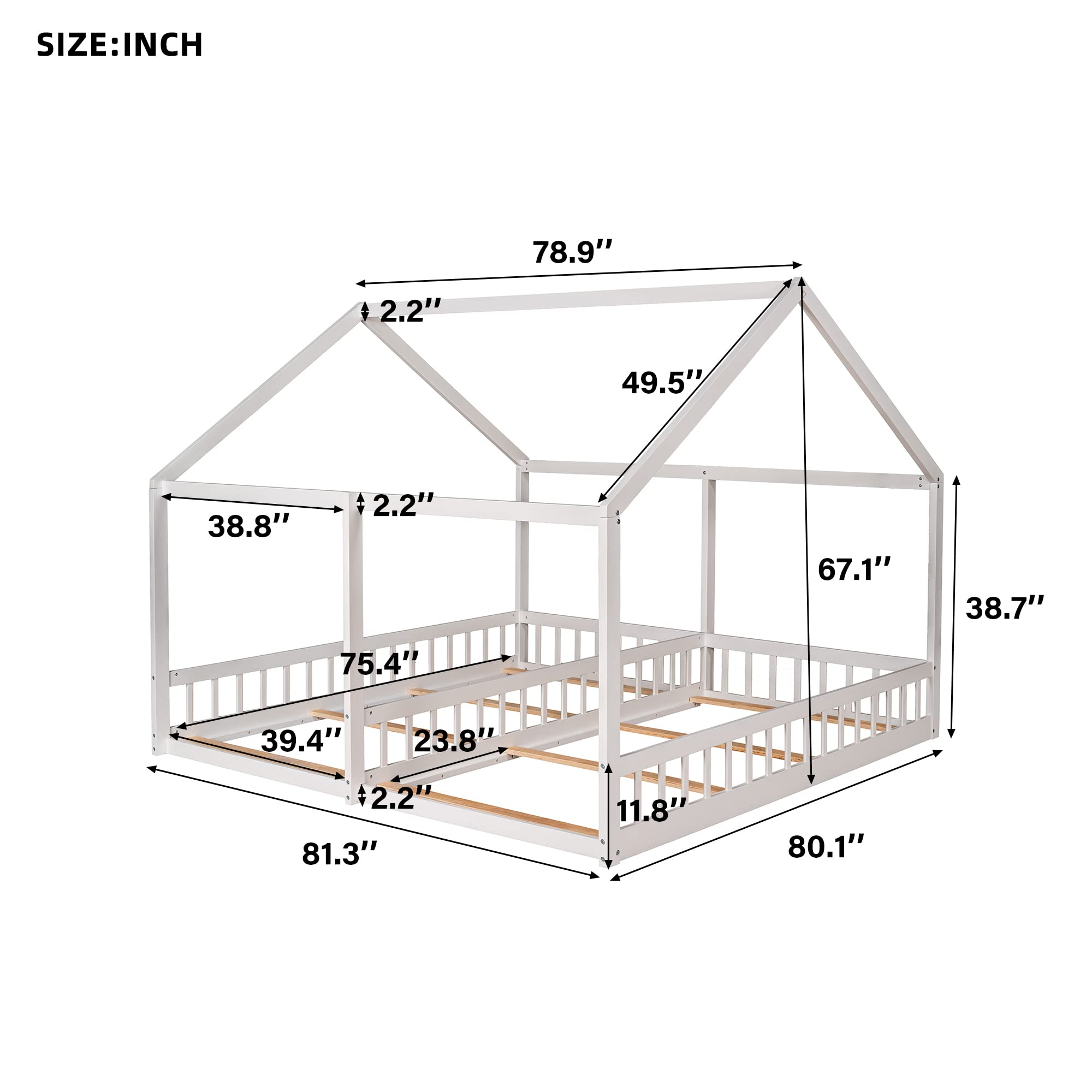 Twin House Bed for 2 Kids Wood Double Floor Beds Frame with Fence Railings Two Shared Beds for Boys Girls Teens, Twin Size, White